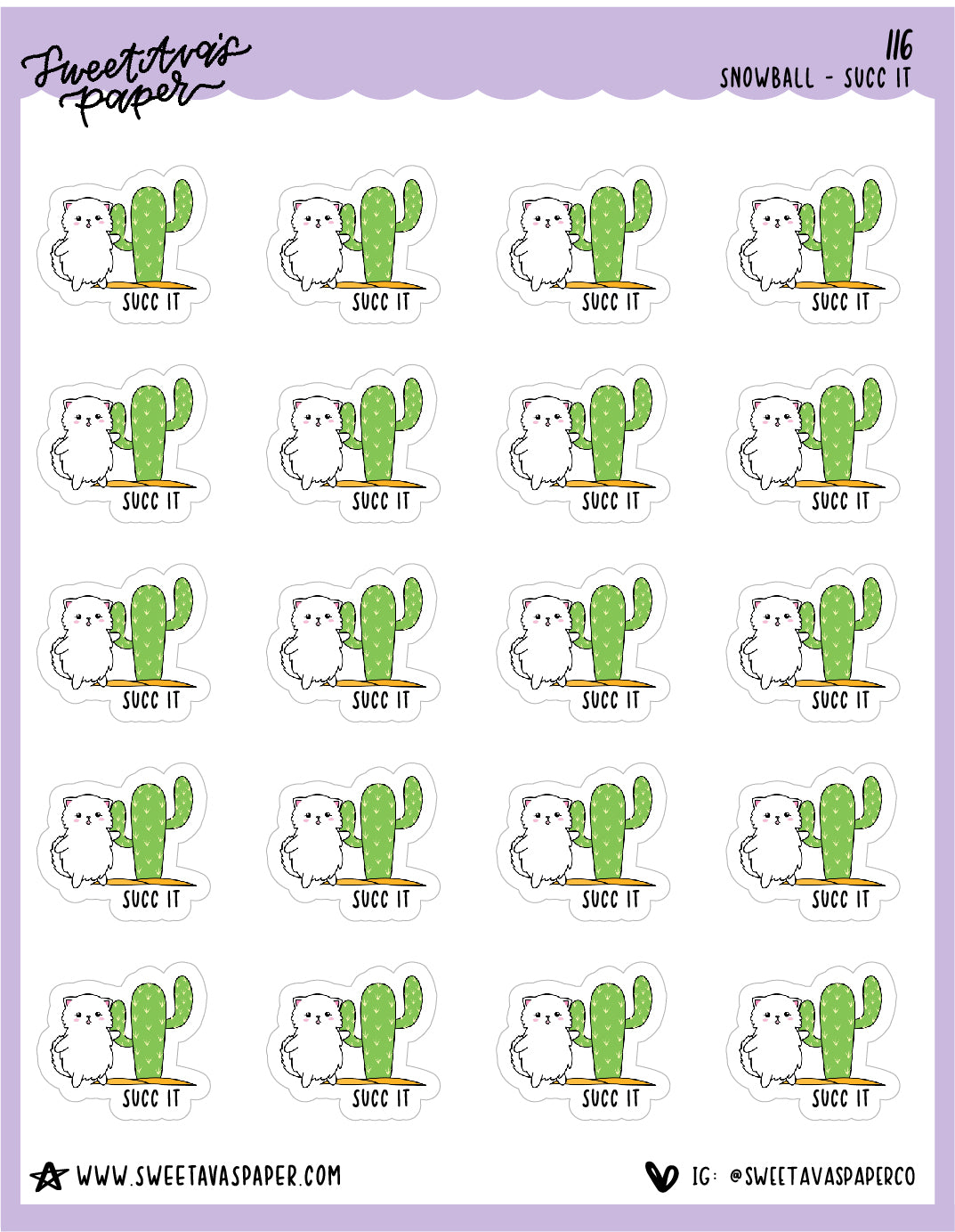 Succ It Cactus Stickers - Snowball The Cat - [116] – Sweet Ava’s Paper