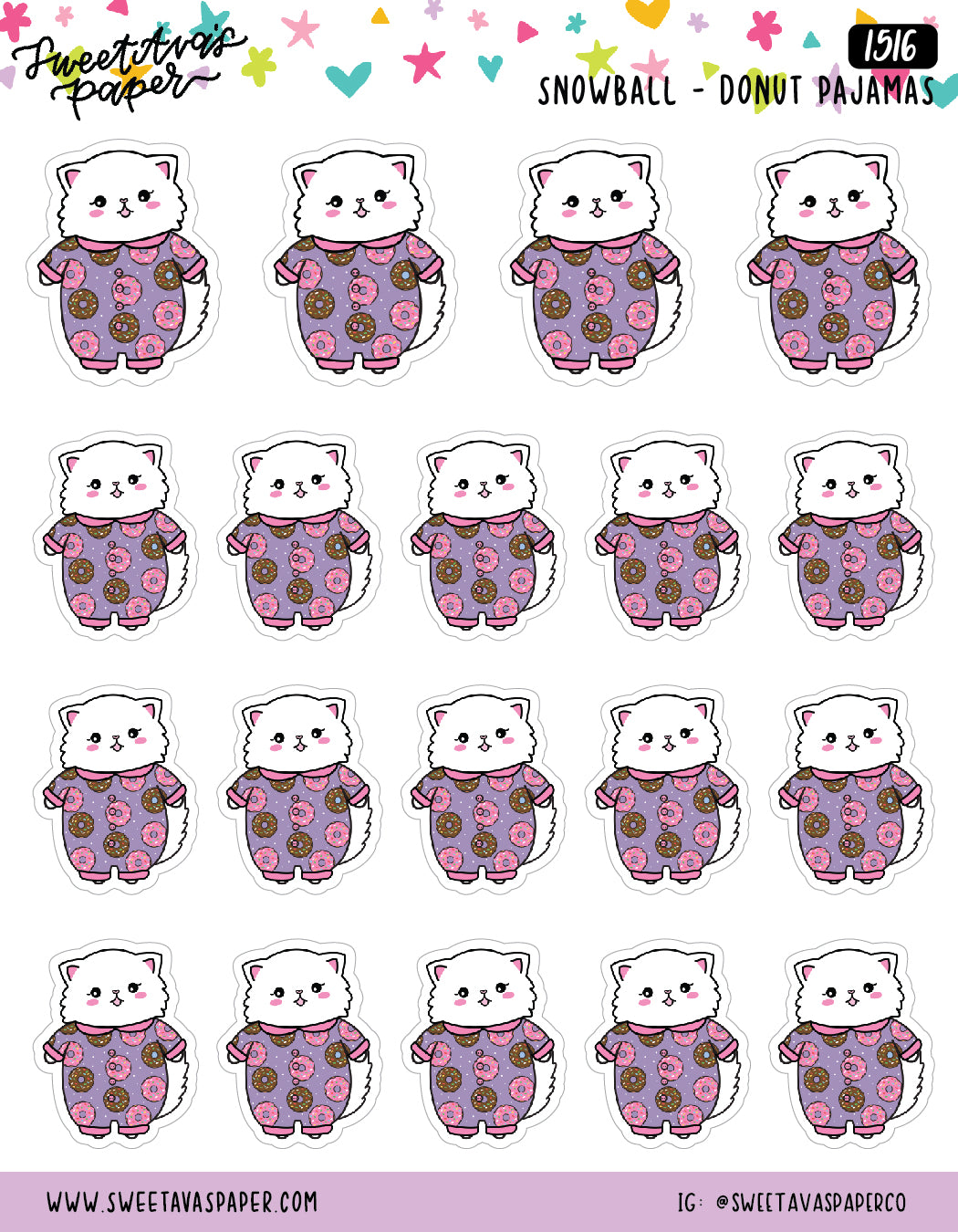 Doughnut Pajamas Planner Stickers - Snowball The Cat [1516] – Sweet Ava ...