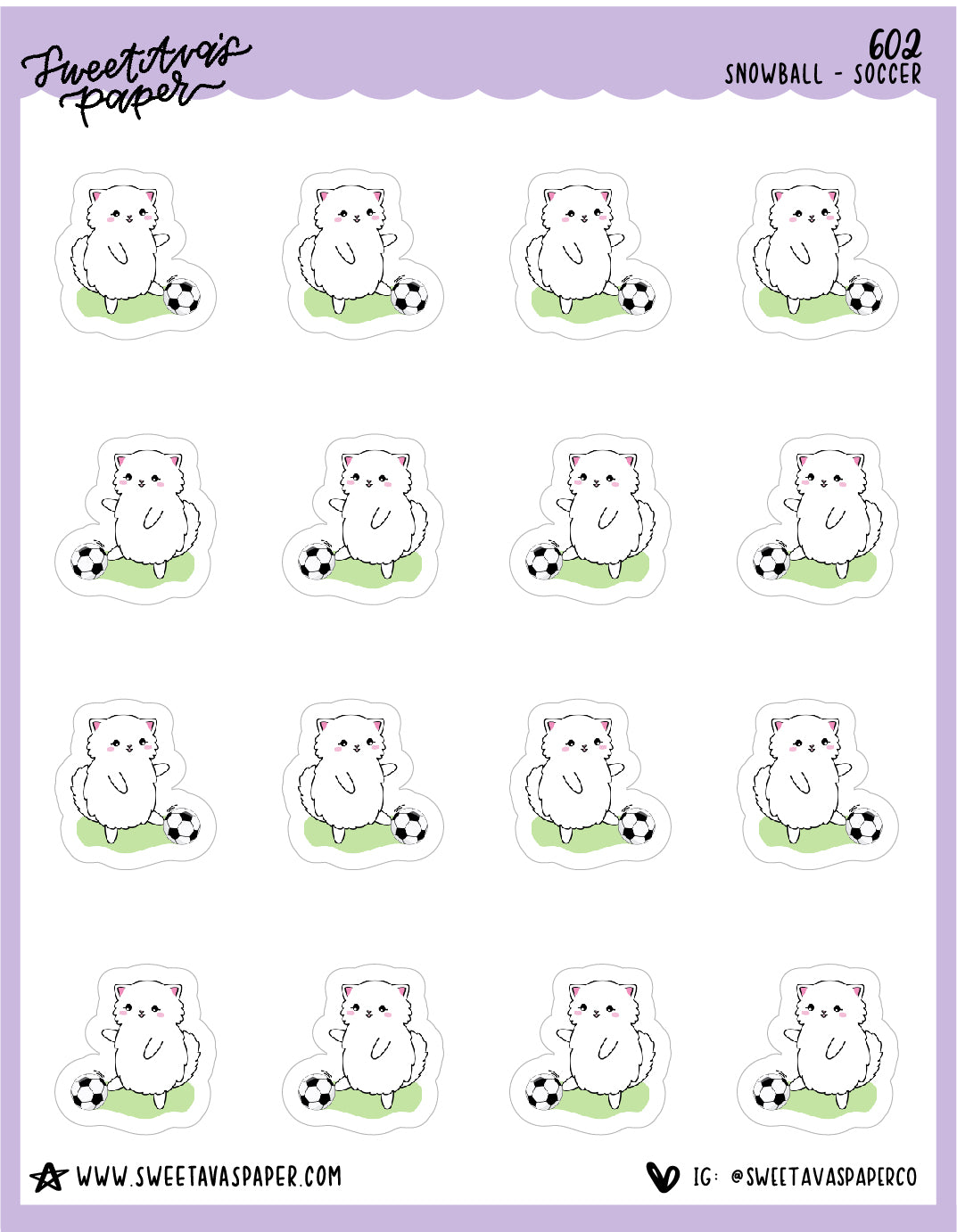Soccer Planner Stickers - Snowball The Cat - [602] – Sweet Ava’s Paper